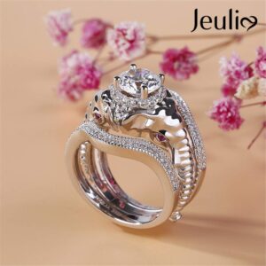 Jeulia 2.5 Carat Elephant Ring 3PC Wedding Ring Set for Women 925 Sterling Silver Round Cut Engagement Rings Cubic Zirconia Bridal Band Rings CZ Solitaire Promise Anniversary Rings for Her (7.5)