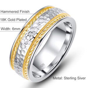 AVECON 6MM Wedding Band for Men 925 Sterling Silver 18K Gold Plated Hammered Engagement Unisex Rings Size 7