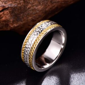 AVECON 6MM Wedding Band for Men 925 Sterling Silver 18K Gold Plated Hammered Engagement Unisex Rings Size 7