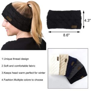 Muryobao Women Winter Warm Headband Fuzzy Fleece Lined Thick Cable Knit Head Wrap Ear Warmer Black & Beige