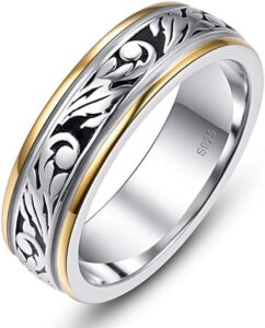 avecon 925 sterling silver wedding band ring for men women unisex vintage floral vine, silver gold two tone, size 9