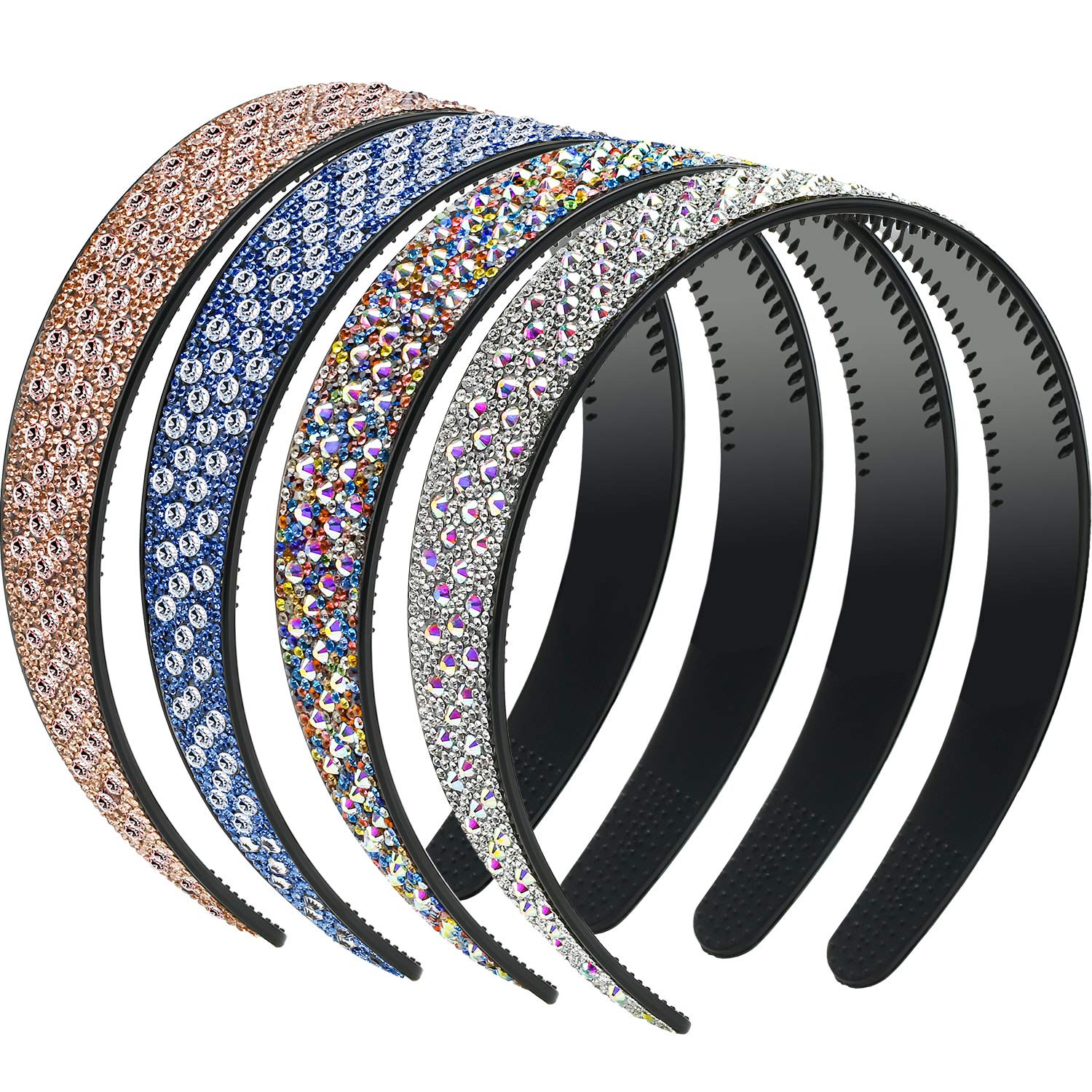 4 Pieces Crystal Rhinestone Headband Teeth Comb Headbands Plastic Hair Band Crystal Beaded Bling Hairbands Non-slip Hard Headbands for Women Girls Lady Hair Accessories (1 Inch)