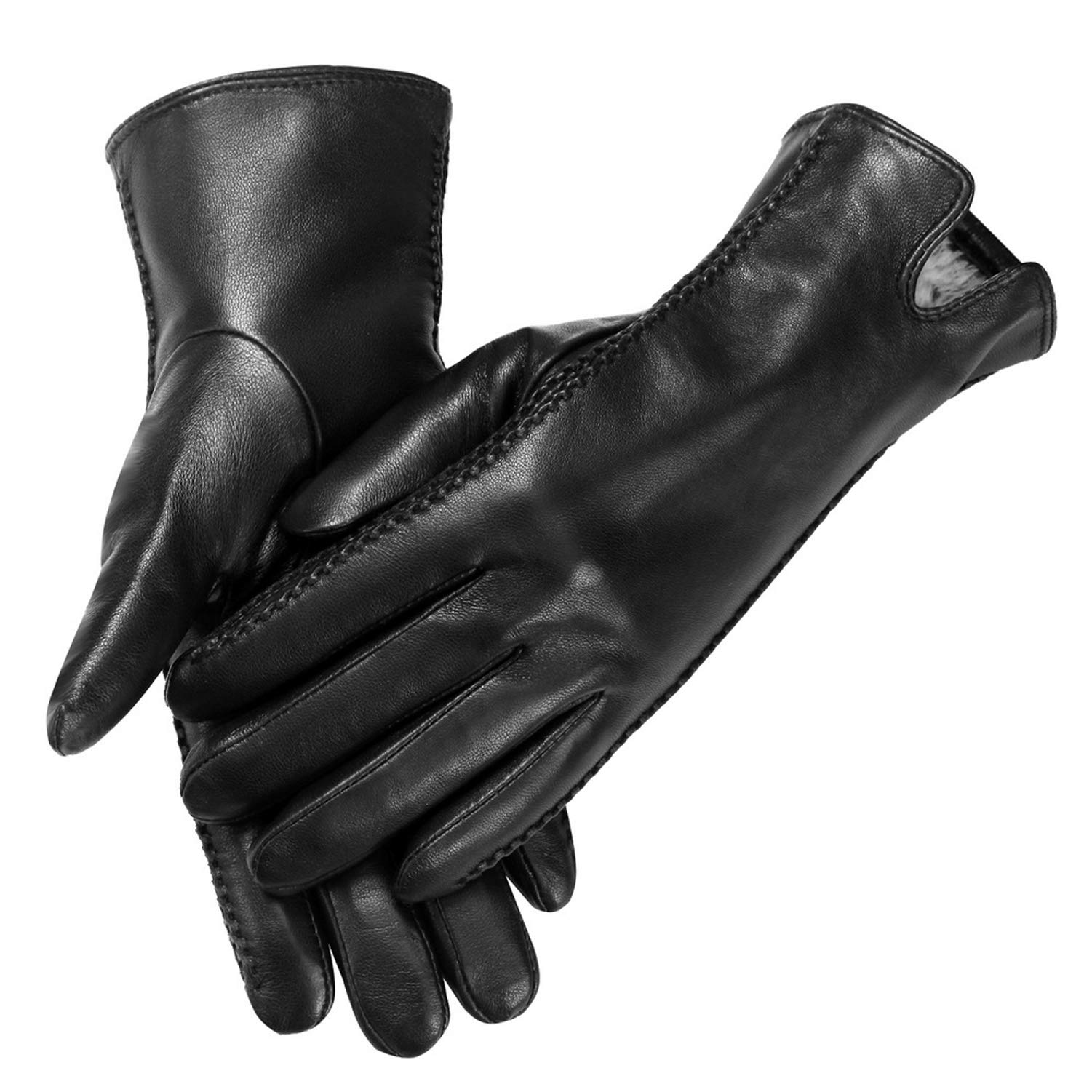 MaxW Winter Womens Leather Gloves Black Touchscreen Sheepskin Gloves Soft Warm Driving Cycling Mitten Faux Rabbit Fur Lining M