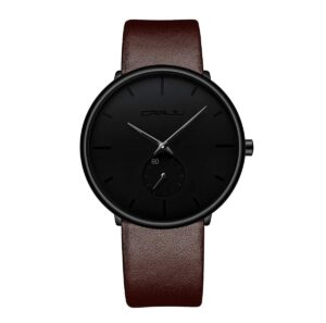 mens watches ultra-thin minimalist waterproof-fashion wrist watch for men unisex dress with leather band-black hands （brown leather）