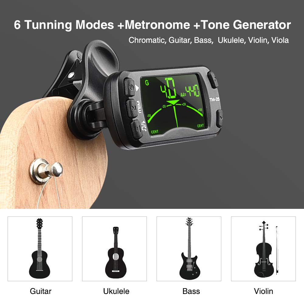 LEKATO Guitar Tuner Clip On Metronome Tuner Tone Generator 3 in 1 Multifunction Portable for All Instruments, Bass, Chromatic, Instruments, Violin and Ukulele (Battery Clipped on the Silicone Pad)