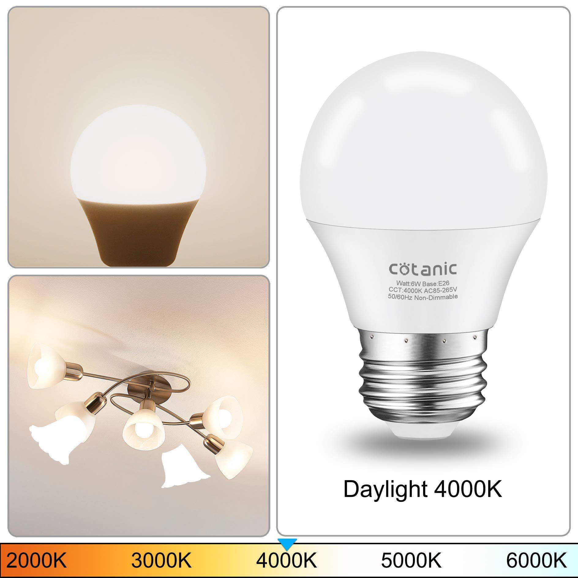 Cotanic A15 LED Bulb, Ceiling Fan Bulbs 6W (60W Equivalent),4000K Natural Daylight,E26 Standrad Base Light,600lm,CRI 80+ LED Globe Shape Bulb,Non-Dimmable,6 Packs