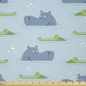 ambesonne animal fabric by the yard, hippo and crocodile in water friendly animals cartoon, stretch knit fabric for clothing sewing and arts crafts, 2 yards, slate blue pale blue