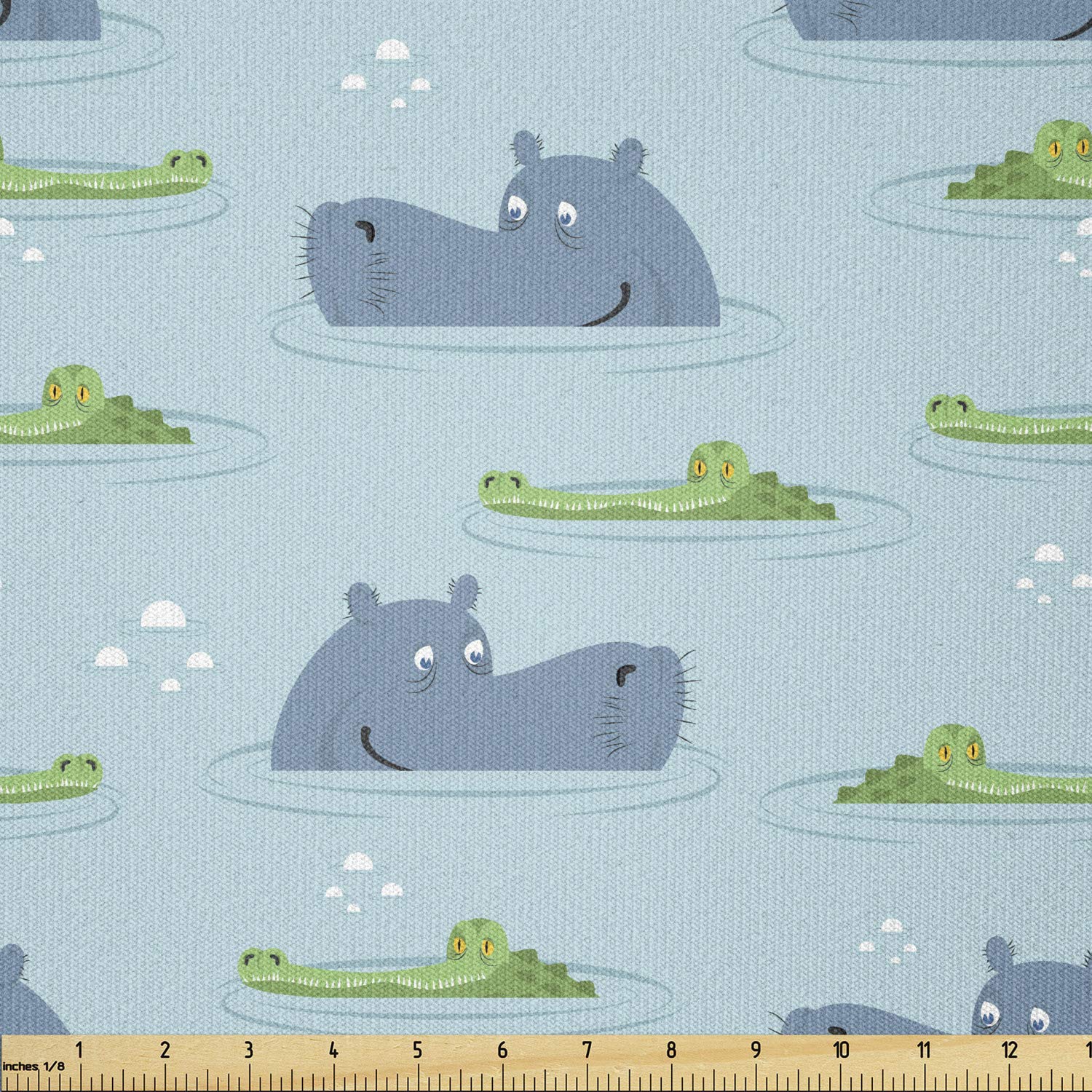 Ambesonne Animal Fabric by The Yard, Hippo and Crocodile in Water Friendly Animals Cartoon, Stretch Knit Fabric for Clothing Sewing and Arts Crafts, 2 Yards, Slate Blue Pale Blue