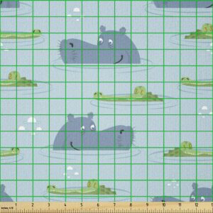 Ambesonne Animal Fabric by The Yard, Hippo and Crocodile in Water Friendly Animals Cartoon, Stretch Knit Fabric for Clothing Sewing and Arts Crafts, 2 Yards, Slate Blue Pale Blue