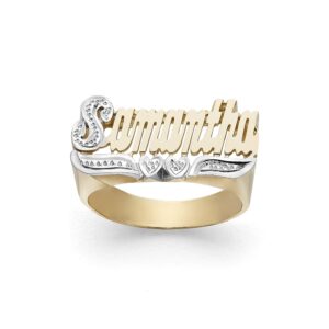 silver n style lee113dz personalized gold 10mm size pave cut on first letter and double heart tail name ring (white gold 14k, 6)