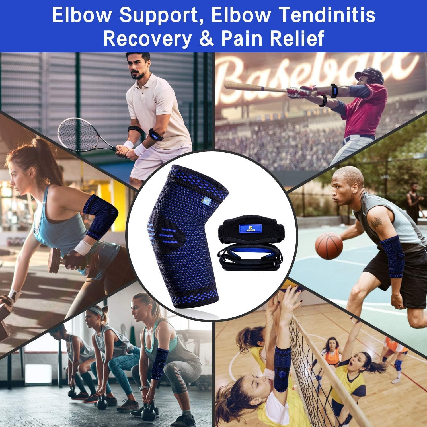 ABYON Elbow Compression Sleeve (1pcs)+Tennis Elbow Brace (2pcs),Elbow Support Gear for Sports or Daily Use to Reduce Joint Pain and Treat Tendonitis | Tennis Elbow | Golfer's Elbow | Arthritis