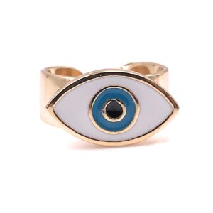 LESLIE BOULES 18K Gold Plated Evil Eye Enamel Ring Adjustable for Women