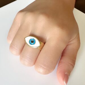 LESLIE BOULES 18K Gold Plated Evil Eye Enamel Ring Adjustable for Women