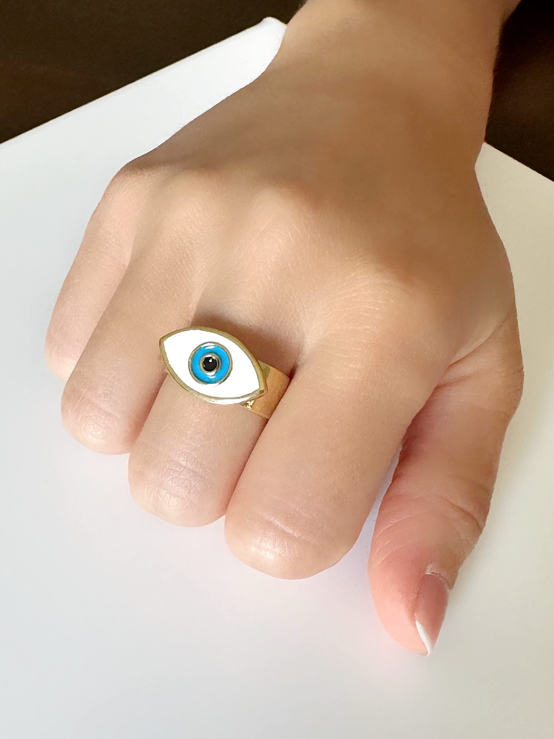 LESLIE BOULES 18K Gold Plated Evil Eye Enamel Ring Adjustable for Women