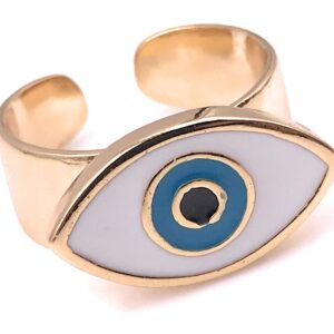 LESLIE BOULES 18K Gold Plated Evil Eye Enamel Ring Adjustable for Women