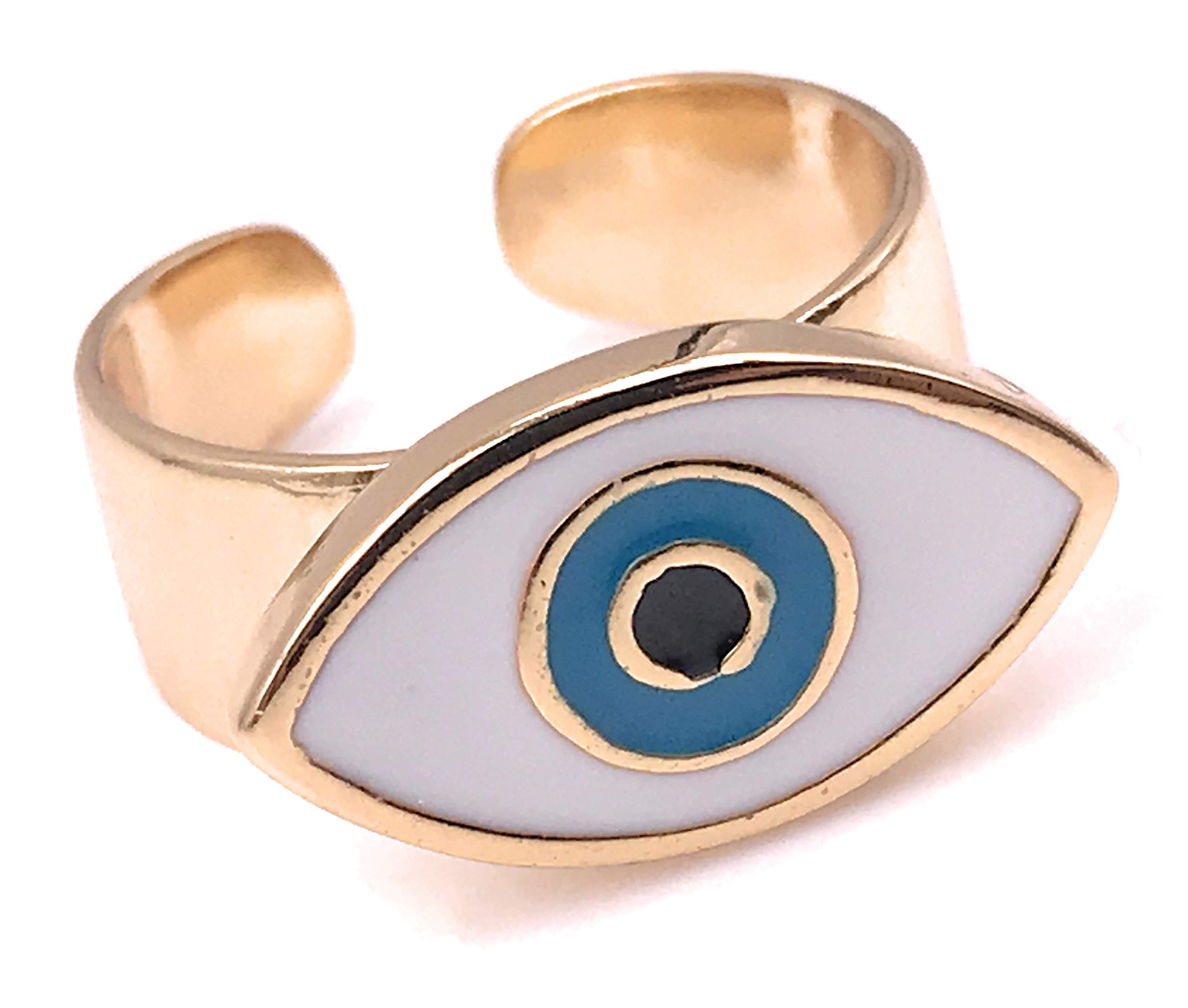 LESLIE BOULES 18K Gold Plated Evil Eye Enamel Ring Adjustable for Women