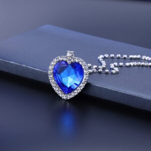 AILUOR Titanic Heart of The Ocean Neckalce, Royal Blue Crystal Created Sapphire Pendant with Silver Plated Necklace Jewelry (Blue)