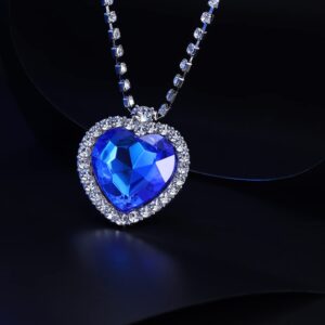 AILUOR Titanic Heart of The Ocean Neckalce, Royal Blue Crystal Created Sapphire Pendant with Silver Plated Necklace Jewelry (Blue)