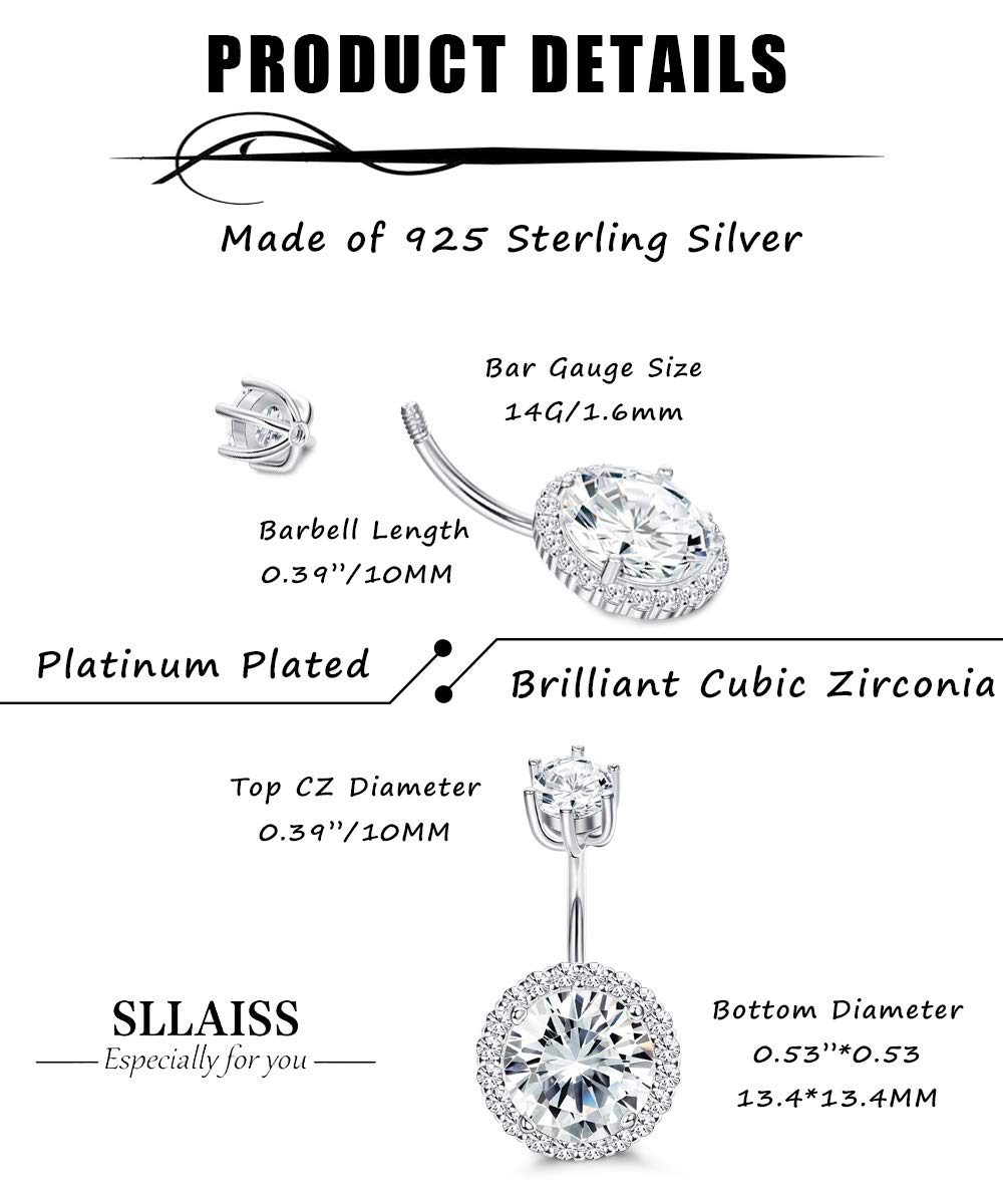 Sllaiss CZ Halo Belly Button Rings for Women 925 Sterling Silver 14G Belly Rings Round Cubic Zirconia Body Jewelry Curved Barbells Navel Rings 3/8" 10mm