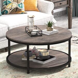 wiberwi round coffee table 35.8" rustic vintage industrial design furniture sturdy metal frame legs sofa table cocktail table with storage open shelf for living room, easy assembly, gray brown1