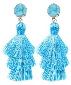 rave envy colorful tassel earrings for women - light blue dangle tassle 3 tier earrings