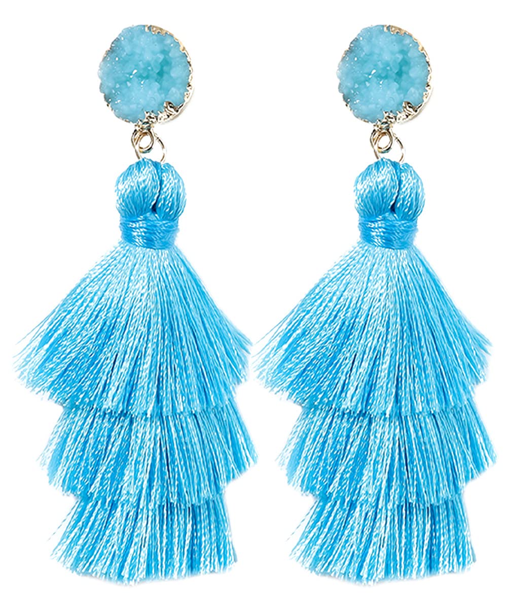 Rave Envy Colorful Tassel Earrings for Women - Light Blue Dangle Tassle 3 Tier Earrings