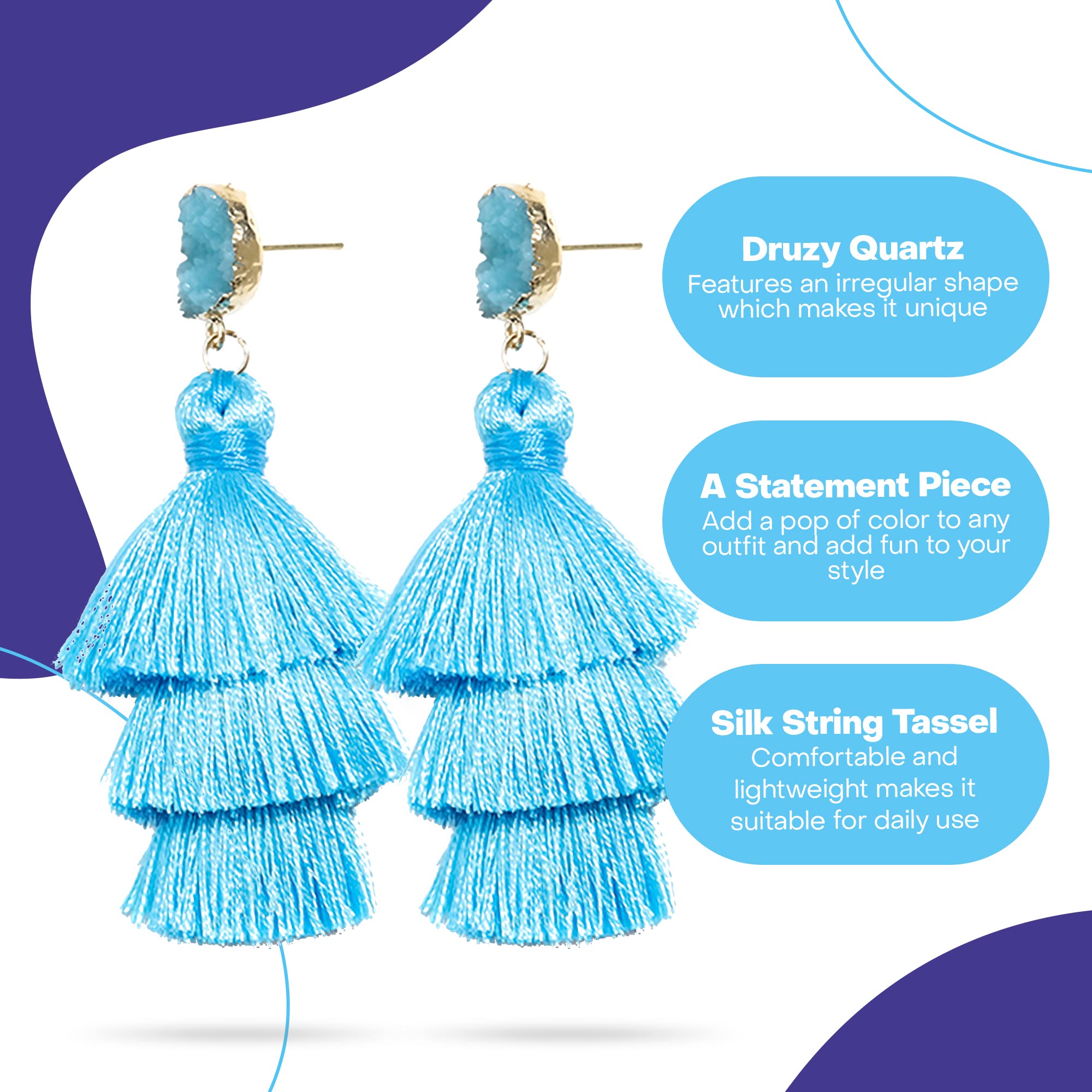 Rave Envy Colorful Tassel Earrings for Women - Light Blue Dangle Tassle 3 Tier Earrings