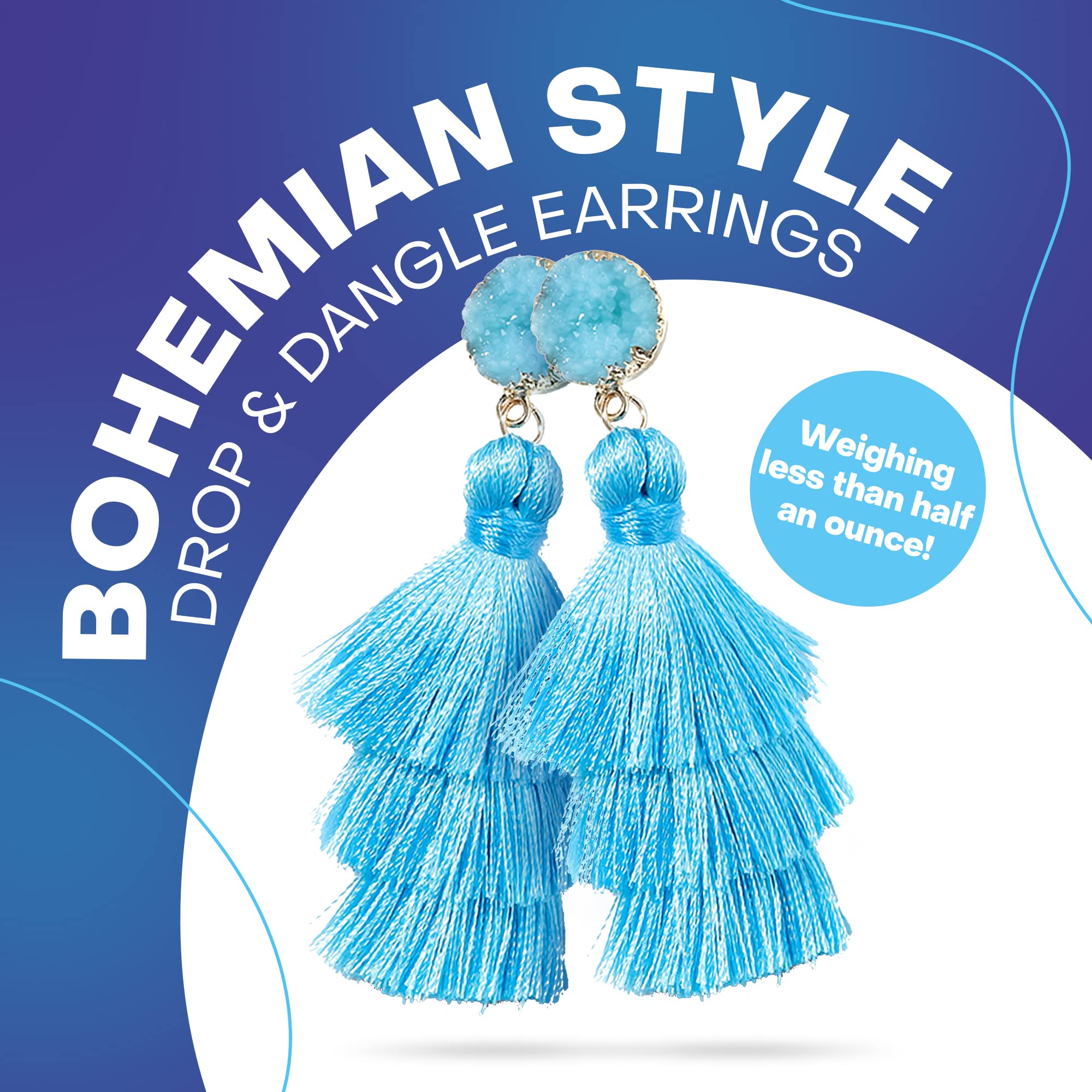 Rave Envy Colorful Tassel Earrings for Women - Light Blue Dangle Tassle 3 Tier Earrings