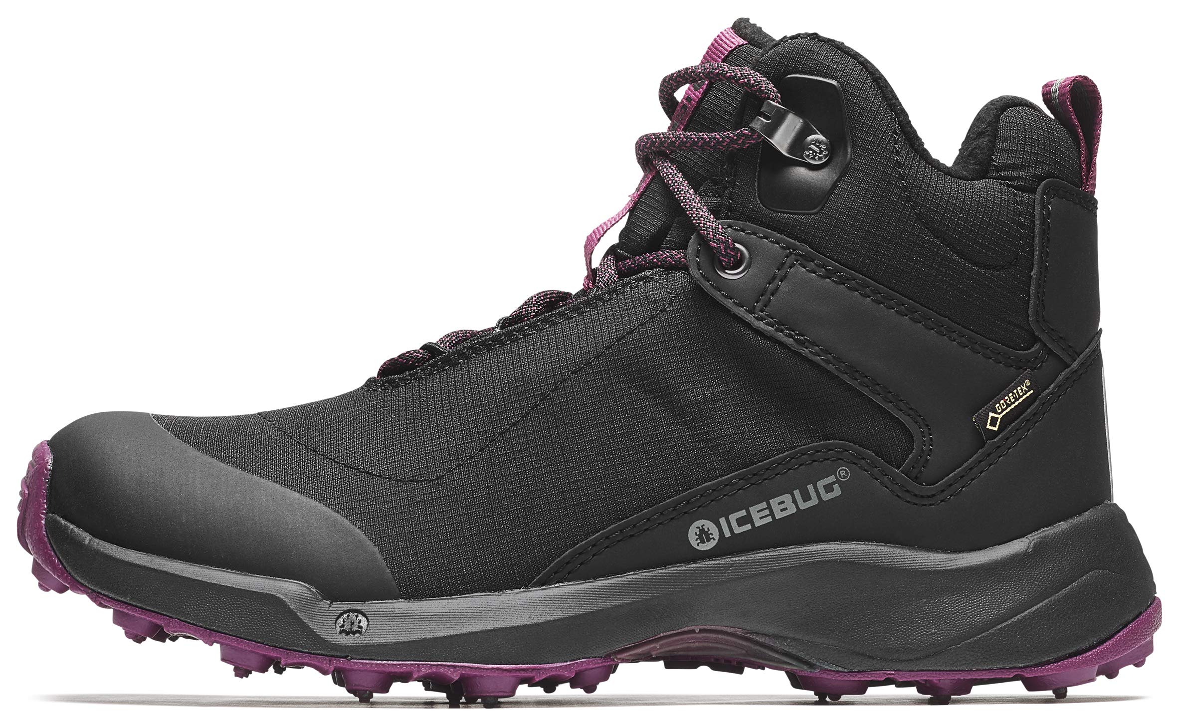 Icebug Womens Pace3 BUGrip GTX Hiking Boot with Carbide Studded Traction Sole, Black/DarkHibiscus, 6