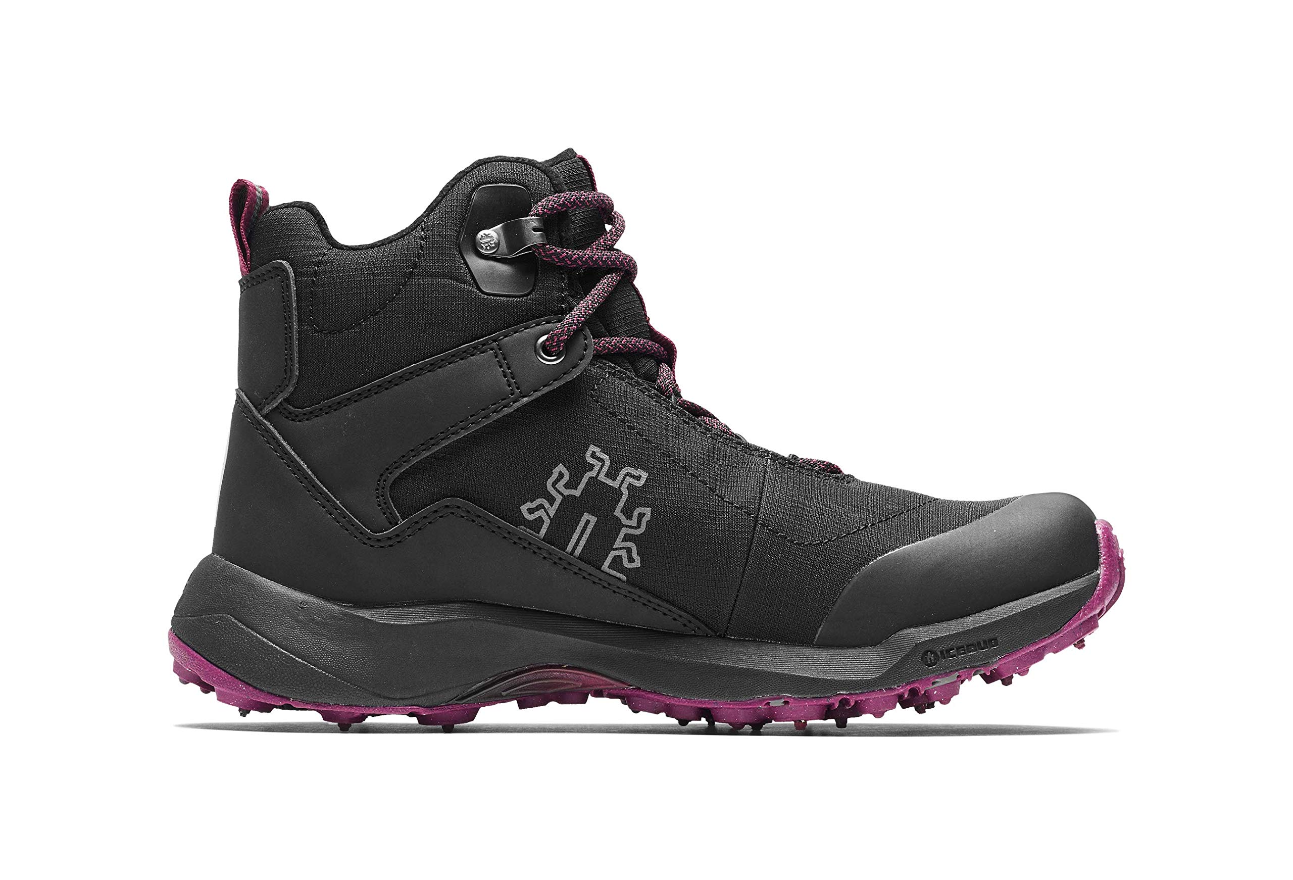 Icebug Womens Pace3 BUGrip GTX Hiking Boot with Carbide Studded Traction Sole, Black/DarkHibiscus, 6