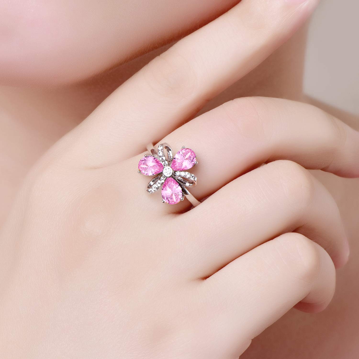 Emsione 925 Sterling Silver Plated Created Pink Topaz Pear Cut Clover Flower Eternity Anniversary Wedding Engagement Band Ring Size 8