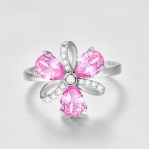 Emsione 925 Sterling Silver Plated Created Pink Topaz Pear Cut Clover Flower Eternity Anniversary Wedding Engagement Band Ring Size 8