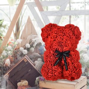 Rose Bear Hand Made Teddy Bear Rose Bear Rose Teddy Bear - Gift for Mothers Day, Valentines Day, Anniversary & Bridal Showers Weddings Clear Gift Box 10in (red, 10 inches)