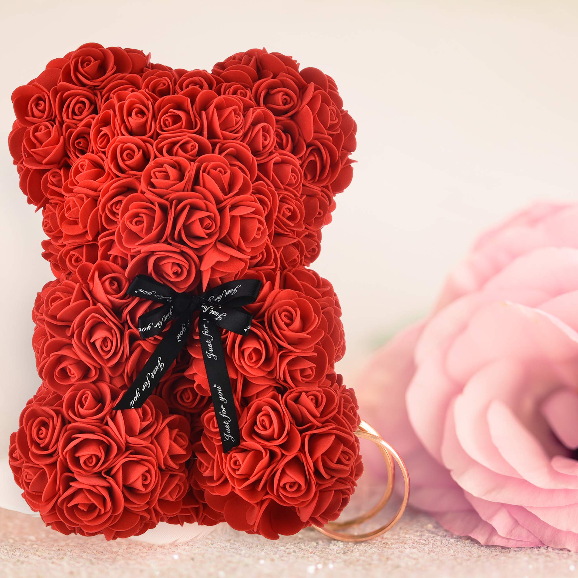 Rose Bear Hand Made Teddy Bear Rose Bear Rose Teddy Bear - Gift for Mothers Day, Valentines Day, Anniversary & Bridal Showers Weddings Clear Gift Box 10in (red, 10 inches)