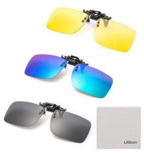 litbun 3 pack, clip on sunglasses flip up polarized lens for prescription glasses, uv protection over rx eyeglasses