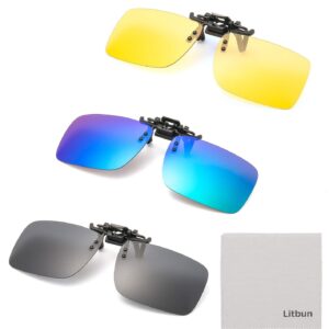 Litbun 3 PACK, Clip on Sunglasses Flip up Polarized Lens For Prescription Glasses, UV Protection Over RX Eyeglasses