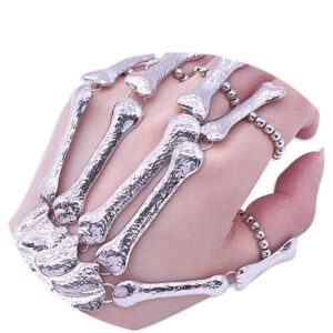 yertter women vintage skull fingers metal skeleton bracelet ring hip hop street dancing cosplay wristband for halloween and special festival (vintage silver)