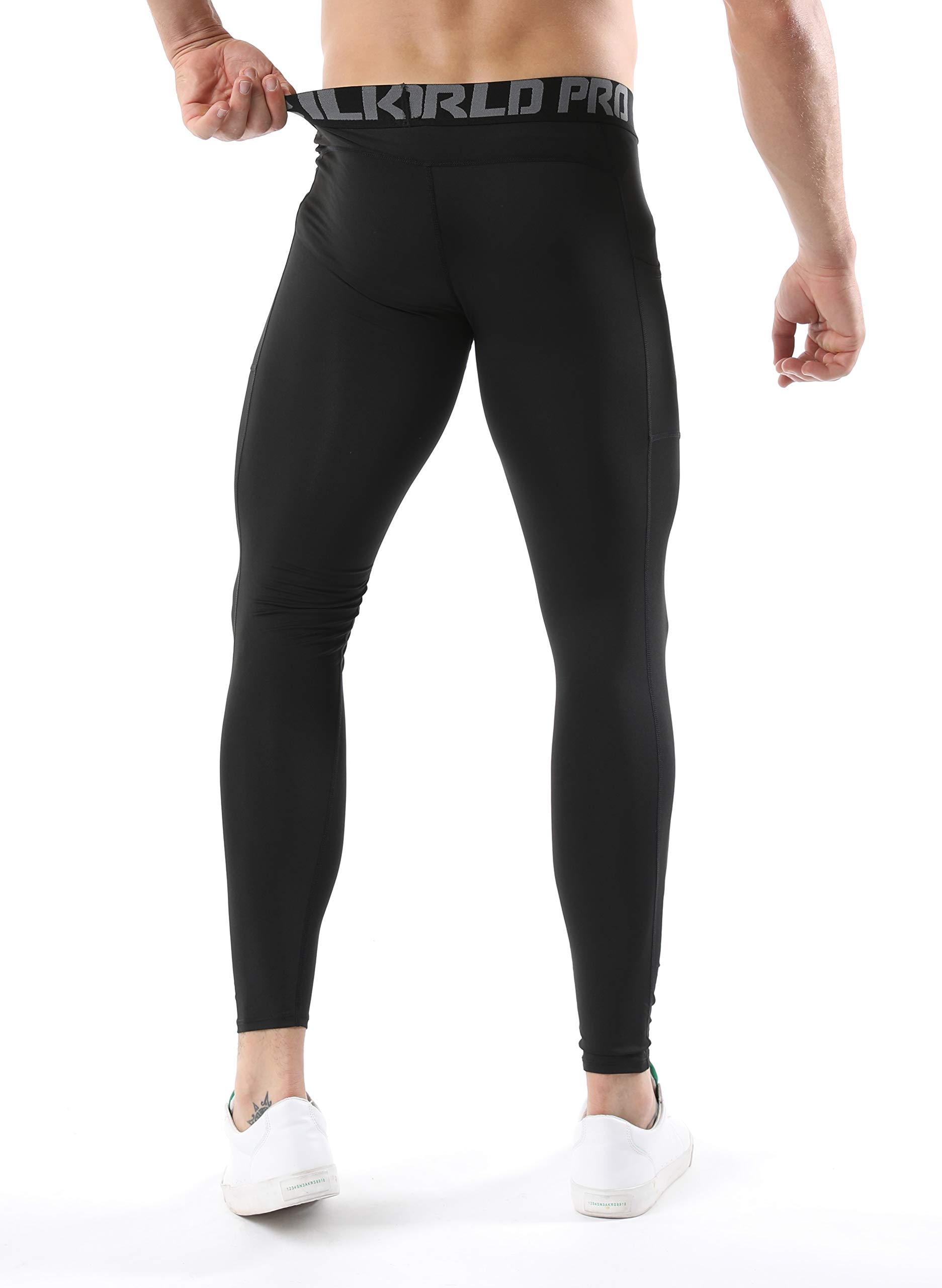 SILKWORLD Men's Compression Pants Pockets Cool Dry Gym Leggings Baselayer Running Tights (Large, Pack of 3: Black#3)