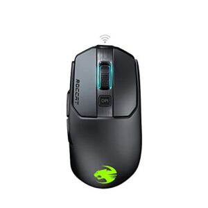 roccat kain 200 wireless pc gaming mouse, aimo rgb backlit lighting, owl-eye optical sensor, ergonomic mouse feel, 5 side buttons, adjustable up to 16,000 dpi, up to 50 hour battery life, black