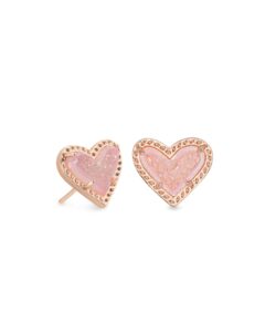 kendra scott ari heart stud earrings for women, fashion jewelry, 14k rose gold-plated, pink drusy