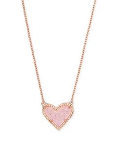 kendra scott ari heart adjustable length pendant necklace for women, fashion jewelry, 14k rose gold-plated, pink drusy