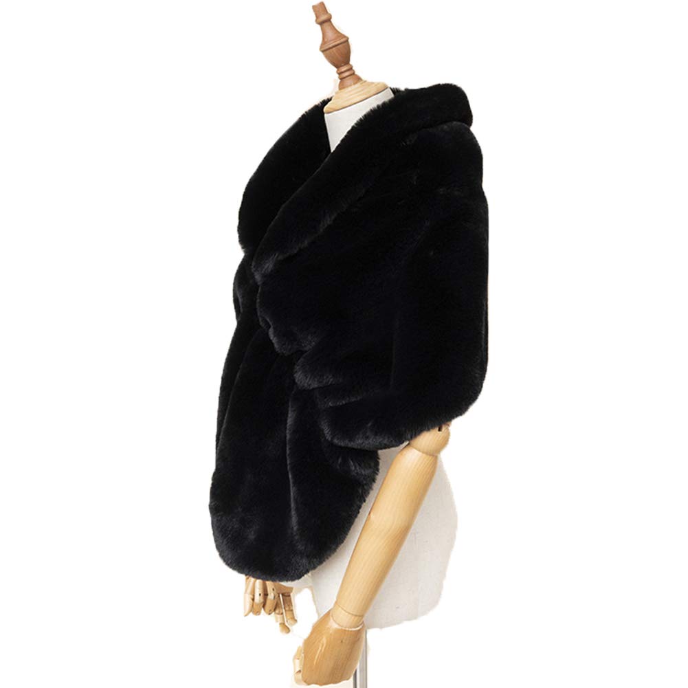 Fashowlife Faux Fur Cloak Shawl Fur Scarf Warm Wrap Stole Shrug Autumn Winter For Wedding Party (Black Shawl)