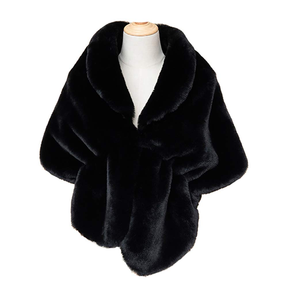 Fashowlife Faux Fur Cloak Shawl Fur Scarf Warm Wrap Stole Shrug Autumn Winter For Wedding Party (Black Shawl)