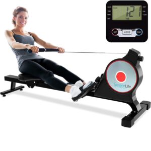 serenelife magnetic rowing machine with bluetooth app fitness tracking – foldable home gym exercise rower with adjustable resistant, easy-glide padded seat, digital lcd readout and reinforced cable