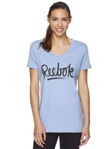 reebok womens v-neck script logo graphic t-shirt, blue, medium