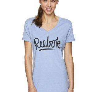 Reebok Womens V-Neck Script Logo Graphic T-Shirt, Blue, Medium