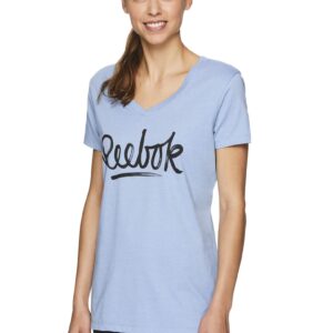 Reebok Womens V-Neck Script Logo Graphic T-Shirt, Blue, Medium