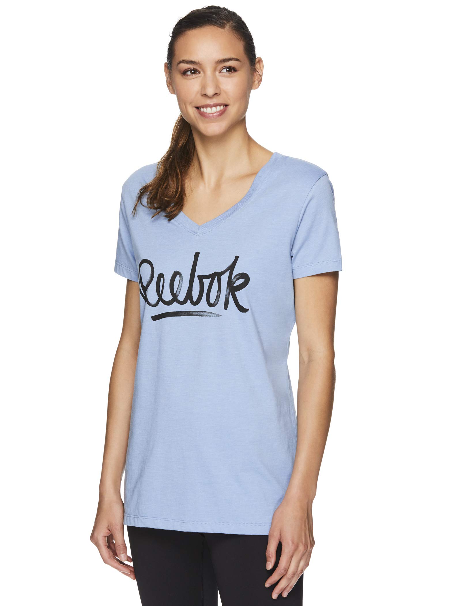 Reebok Womens V-Neck Script Logo Graphic T-Shirt, Blue, Medium