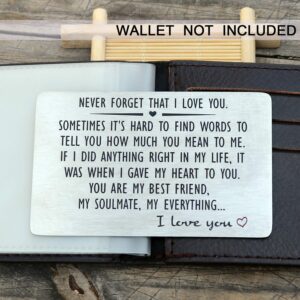 Anniversary Wallet Insert Card for Men or Women - Never Forget That I Love You, Engraved Wallet Insert for Boyfriend Husband Him, Birthday Wedding Deployment Gifts Cards for Couples