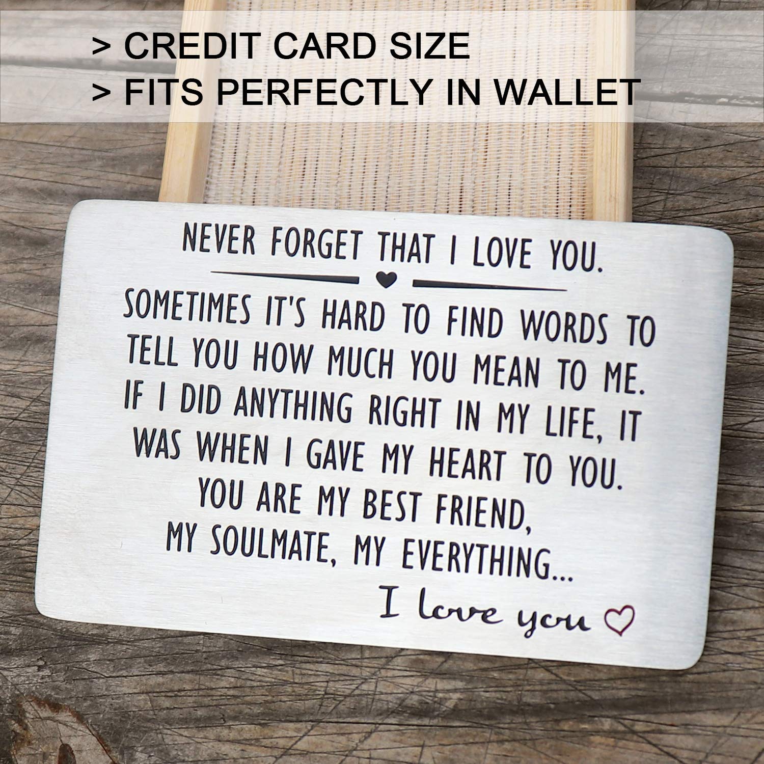 Anniversary Wallet Insert Card for Men or Women - Never Forget That I Love You, Engraved Wallet Insert for Boyfriend Husband Him, Birthday Wedding Deployment Gifts Cards for Couples